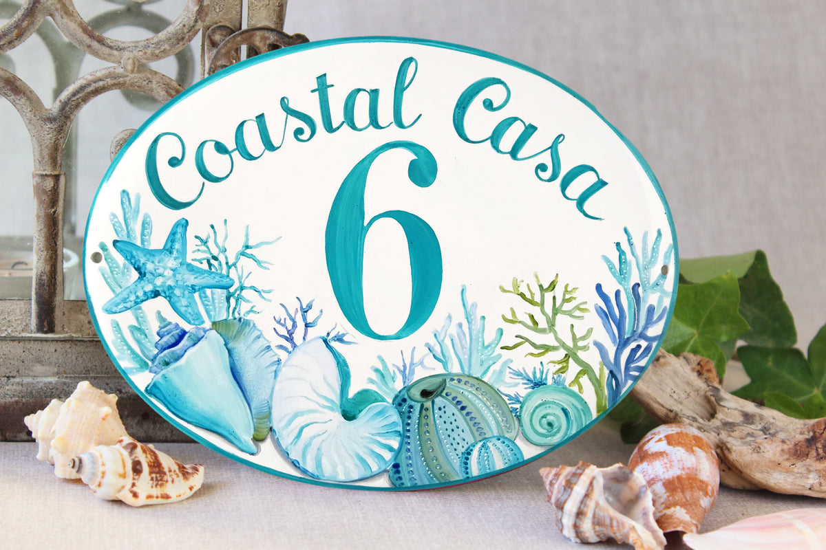 Corals and Shells House Number Plaque | Beach Decor– Dipinto Ad Arte