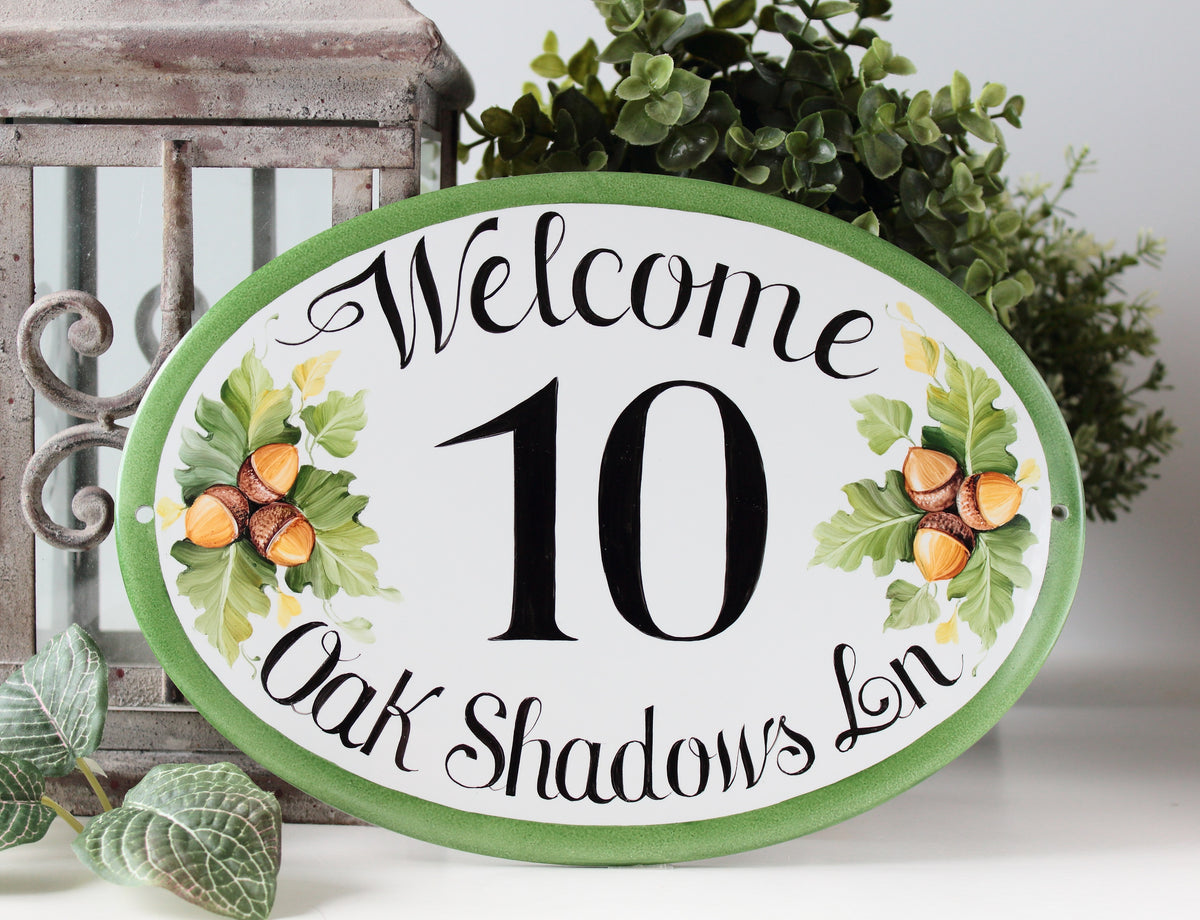 House Number with Acorns | Custom Ceramic Address Sign– DipintoAdArte